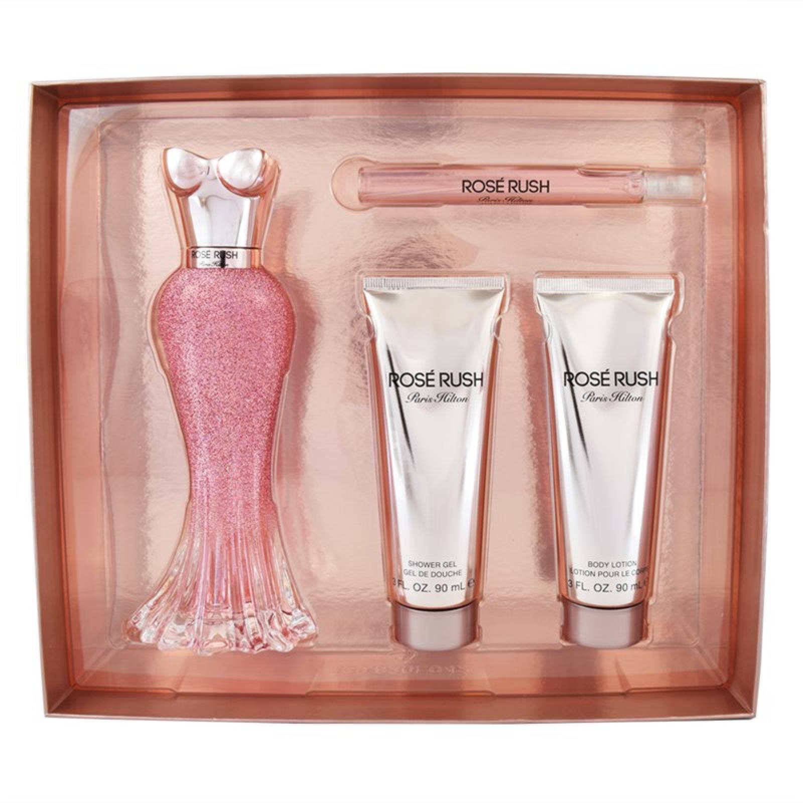 Set paris hilton rose rush 4 pzs 100 ml eau de parfum spray + body lotion 90 ml + shower gel 90 ...
